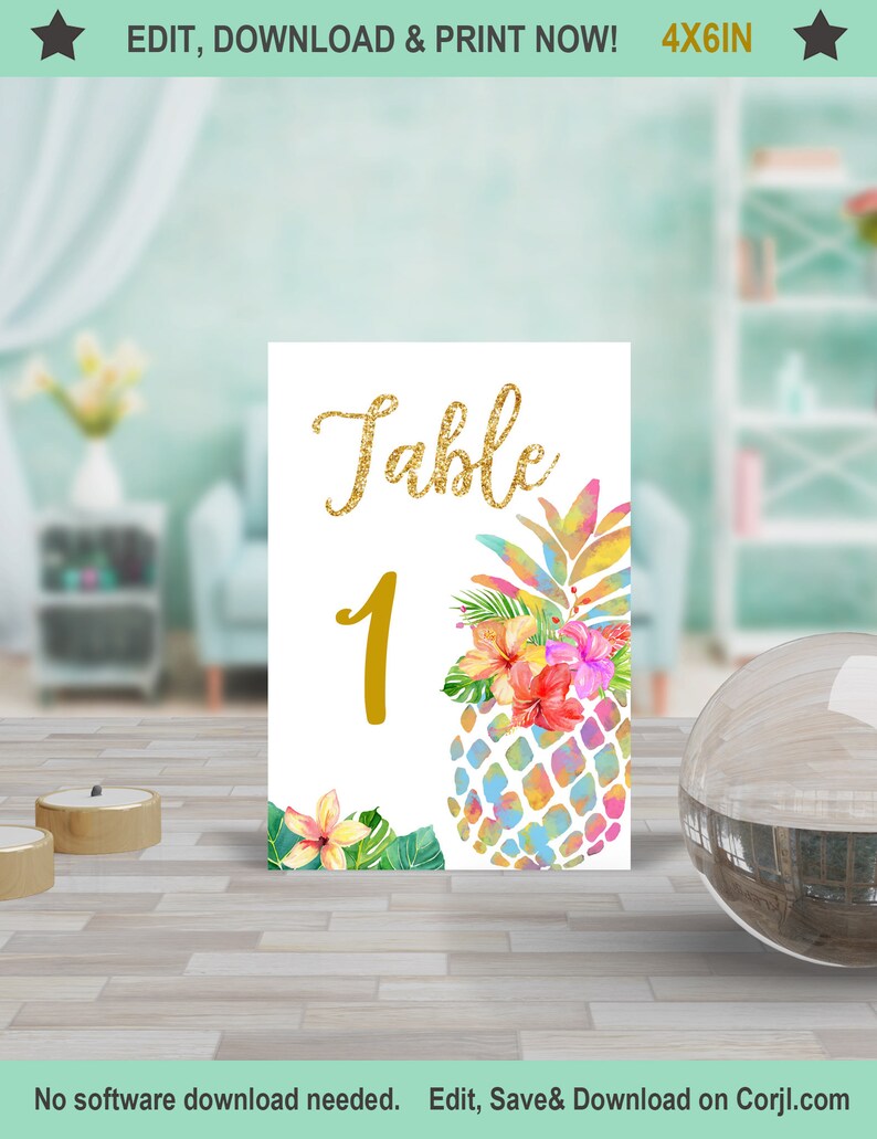 Pineapple Table Number 5x7in 4x6in Download Tropical Birthday - Etsy