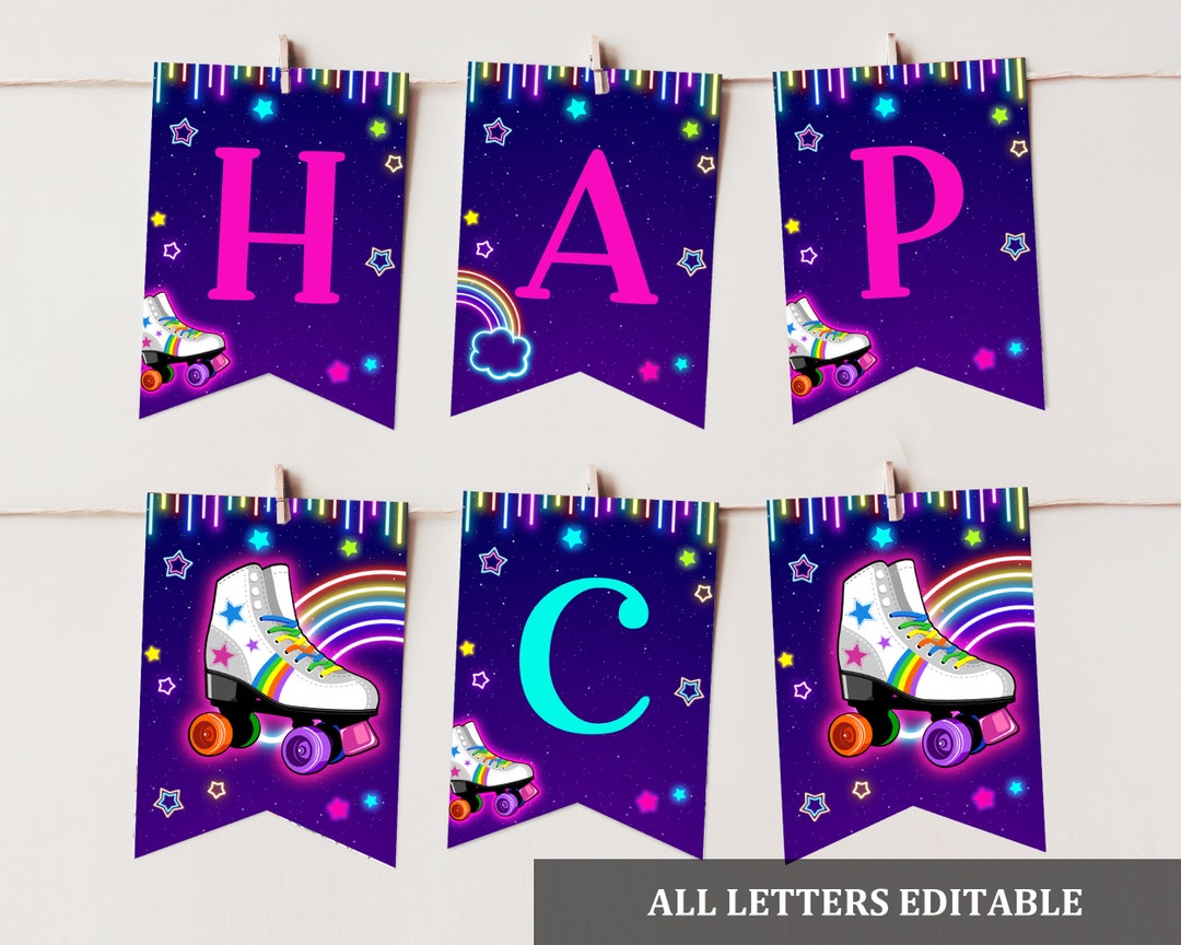 Glow Roller Skate Happy Birthday Banner Neon Glow Bunting Banner Roller ...