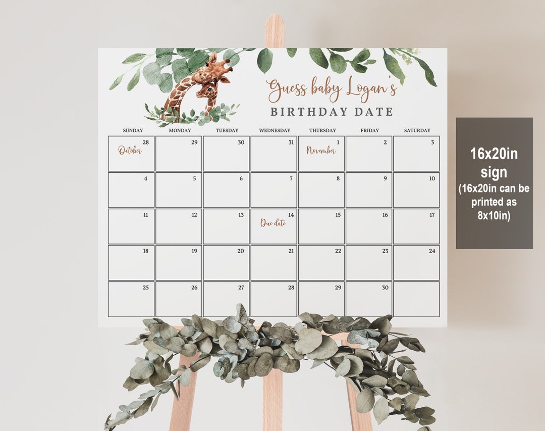 Giraffe Baby Shower Due Date Calendar Safari Jungle Guess the Due Date ...