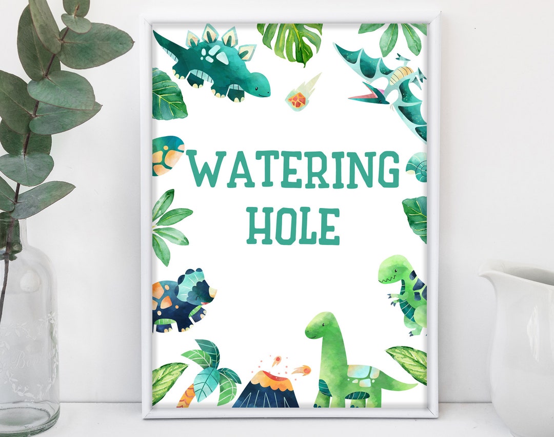 Birthday Drink Table Sign: Cute Dino Watering Hole - Tropical Party ...
