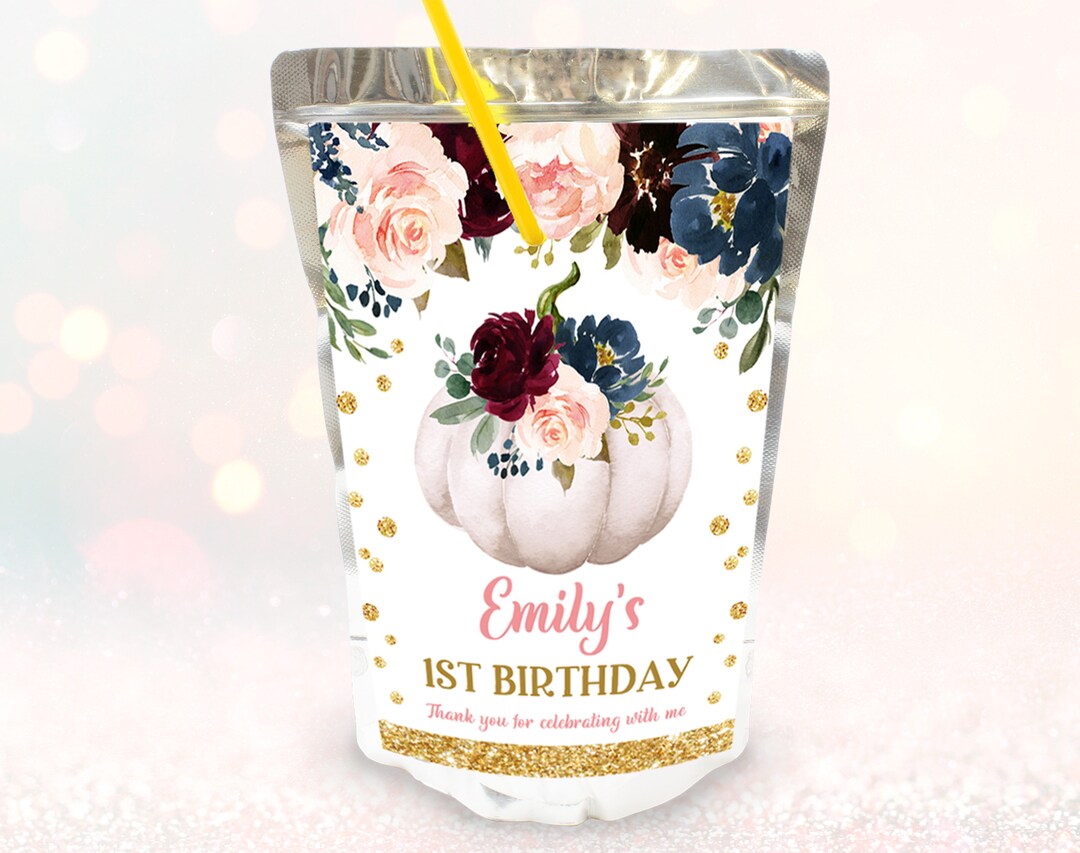 Pumpkin Birthday Juice Pouch Label Burgundy Floral Birthday - Etsy