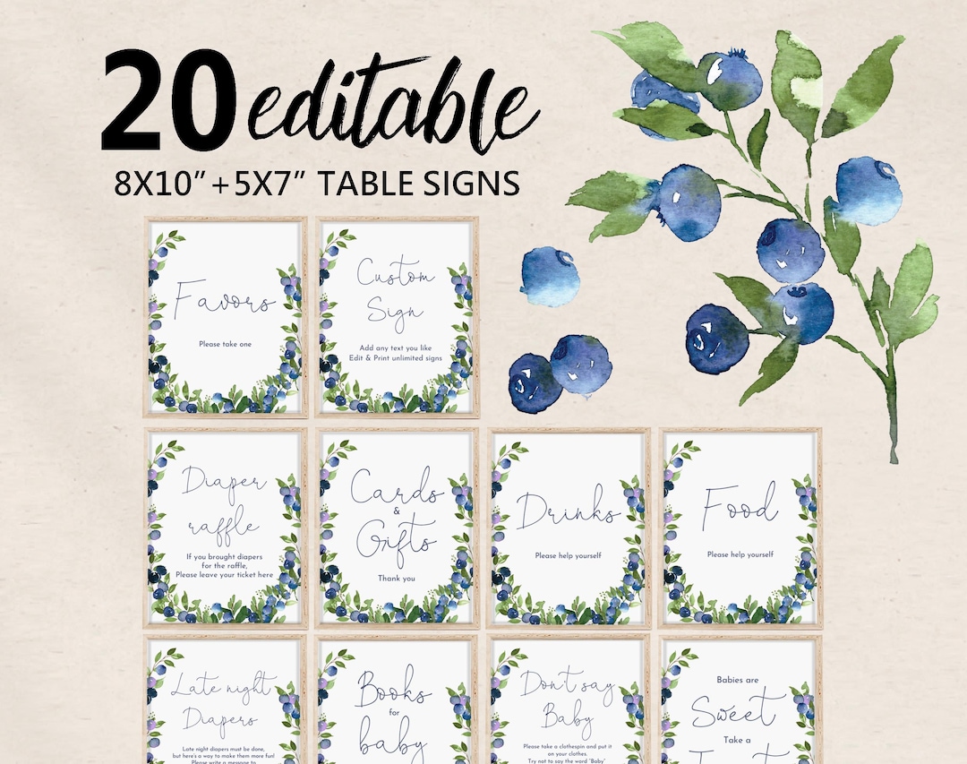 Blueberry Baby Shower Sign Bundle Set of 11 Printable Signs Editable ...