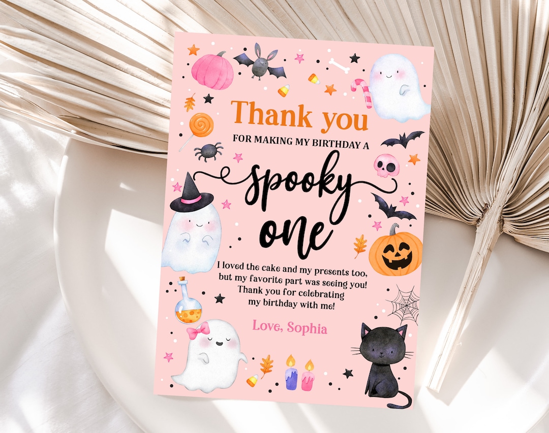 Halloween Birthday Thank You Card Pink Ghost Spooky One Thank You Note ...