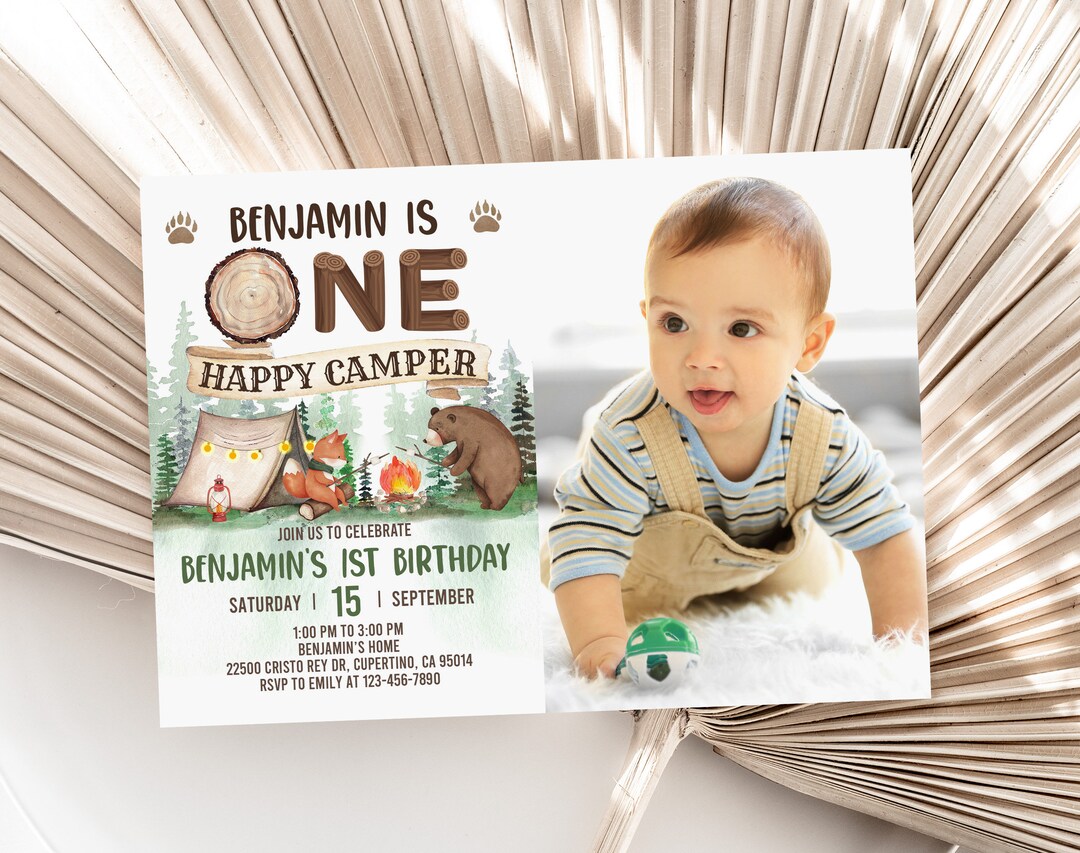 One Happy Camper Photo Invitation Camping Birthday Invite Camper Party 1st Birthday Camping Bear ...
