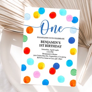 Rainbow Polka Dot Birthday Invitation Watercolor Spots Birthday Invite ...