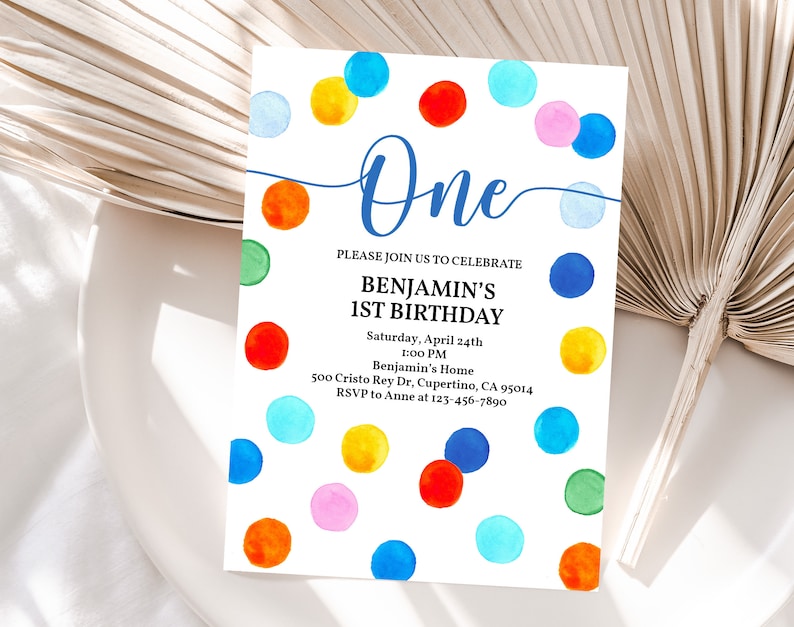 Rainbow Polka Dot Birthday Invitation Watercolor Spots - Etsy
