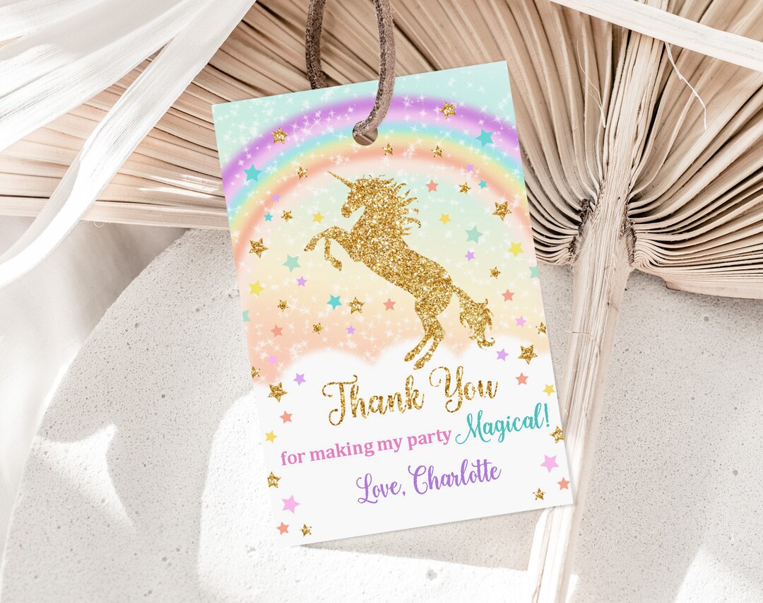 Unicorn Birthday Gift Tags, Rainbow Gold Glitter (editable Printable ...
