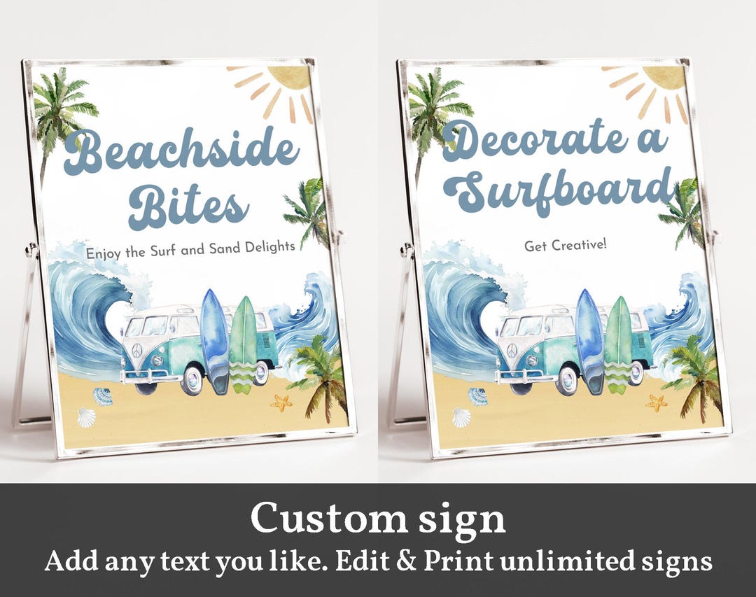 Editable Surfing Party Custom Sign Retro Surf Beach Table Decorations ...