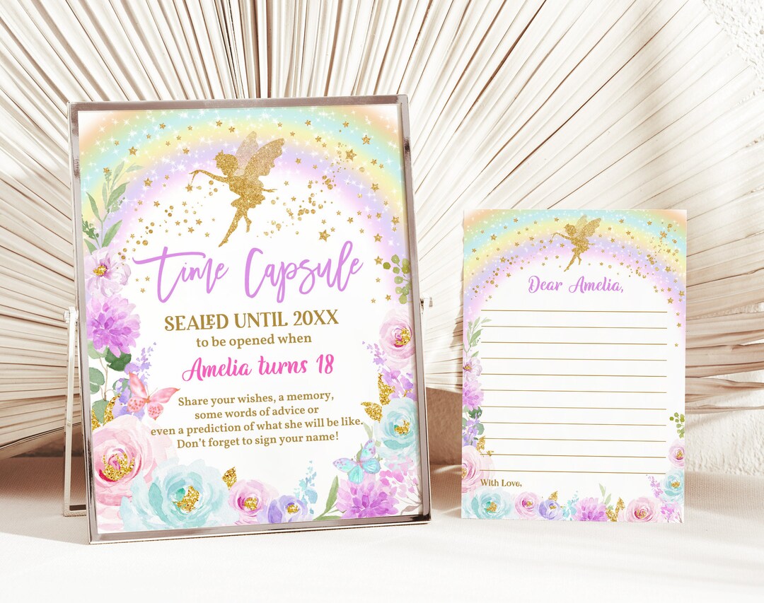Fairy Time Capsule Sign and Note Cards Fairy Party Rainbow Floral Gold ...
