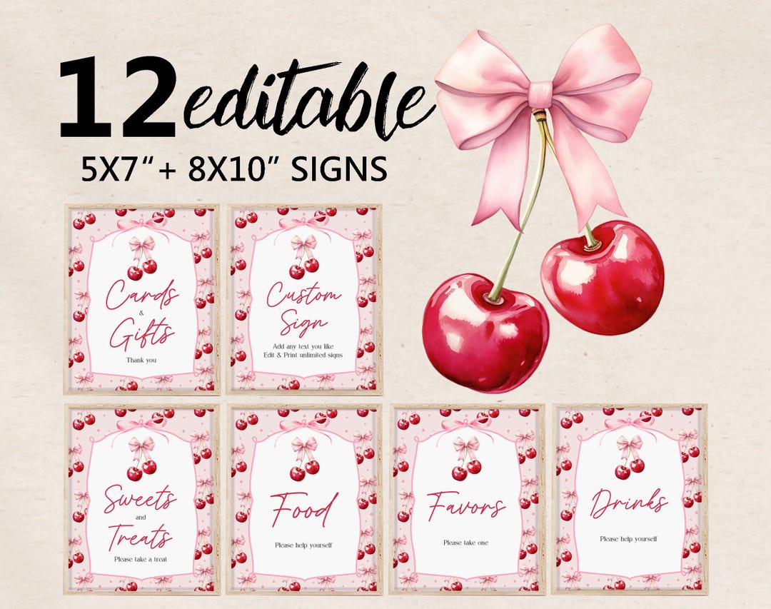 Cherry Table Sign Bundle Editable Custom Sign Cherry on Top Sign Set ...