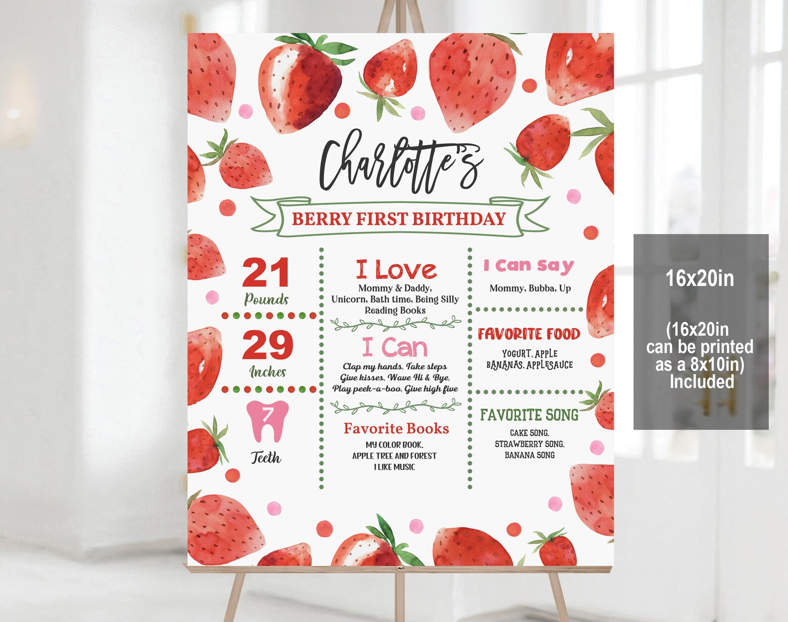 Strawberry Birthday Milestone Poster Berry Sweet 1st Birthday Stats ...