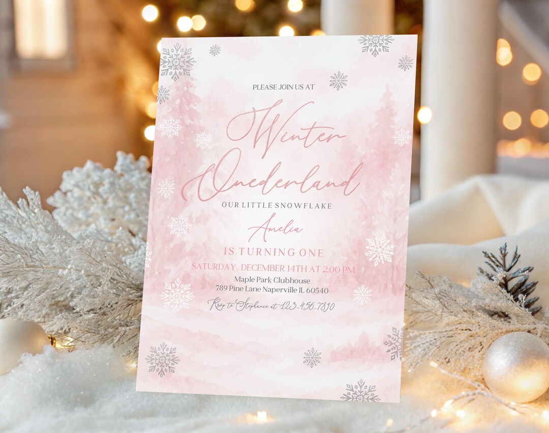 Snowflake First Birthday Invitation - Pink Silver Winter Onederland ...