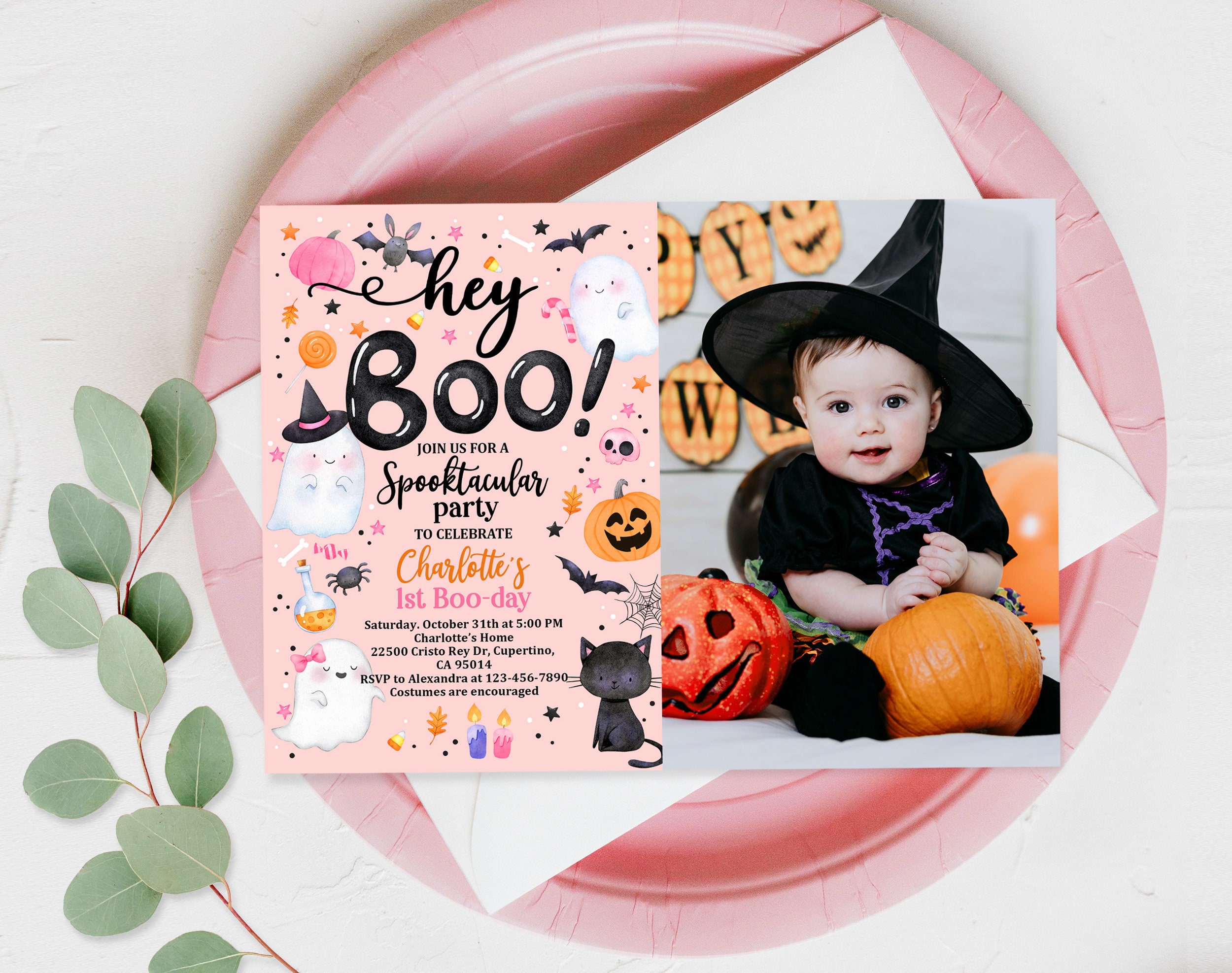 Halloween Pink Ghost Birthday Photo Invitation Hey Boo Ghost - Etsy