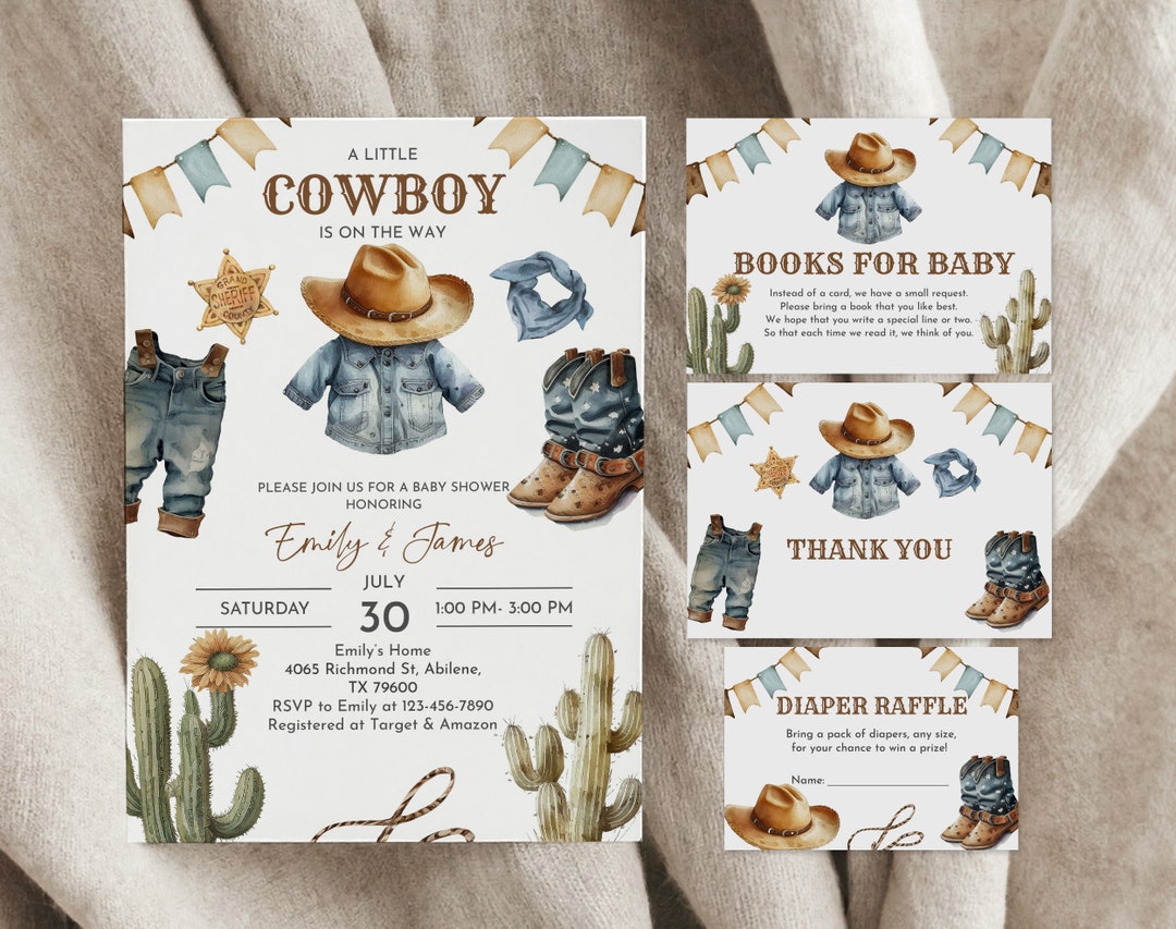 Editable Cowboy Baby Shower Invitation Set A Little Cowboy is on the ...