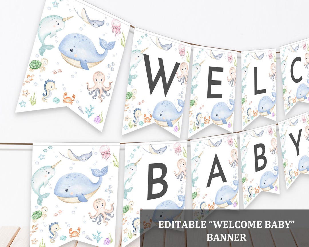 Under the Sea Baby Shower Banner, Nautical Blue (editable Printable ...
