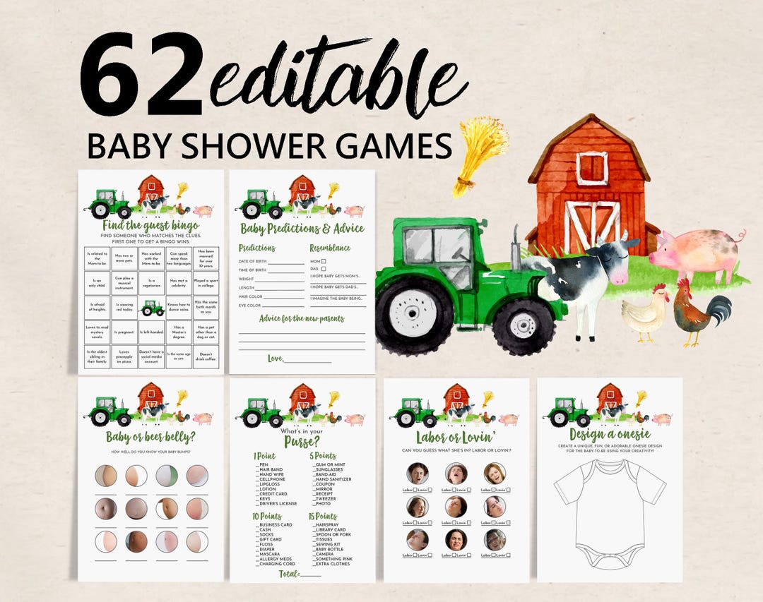 Baby Shower Game Set: Farm Tractor and Animals - Printable & Editable ...
