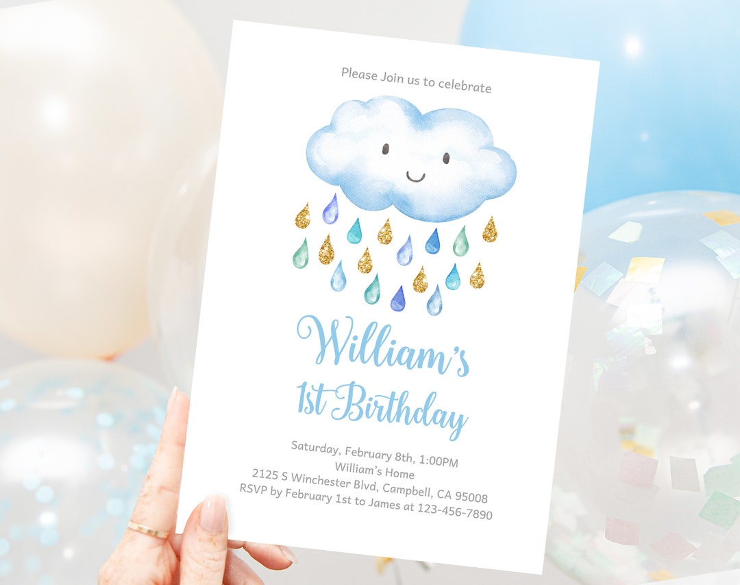 Cloud Birthday Invitation Cloud Party Invite Rain Blue Boy 1st First ...