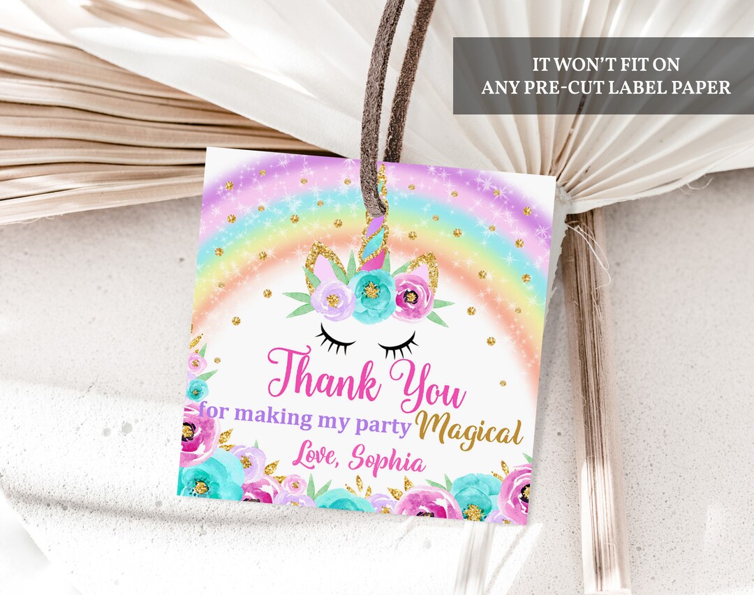 Unicorn Birthday Thank You Tag Unicorn Party Square Label Favor Tag ...
