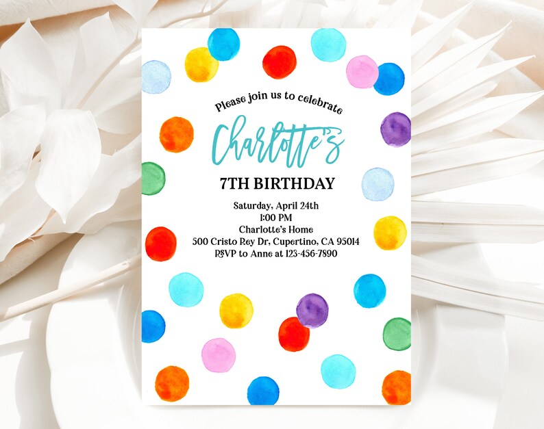 Rainbow Polka Dot Birthday Invitation Watercolor Spots - Etsy