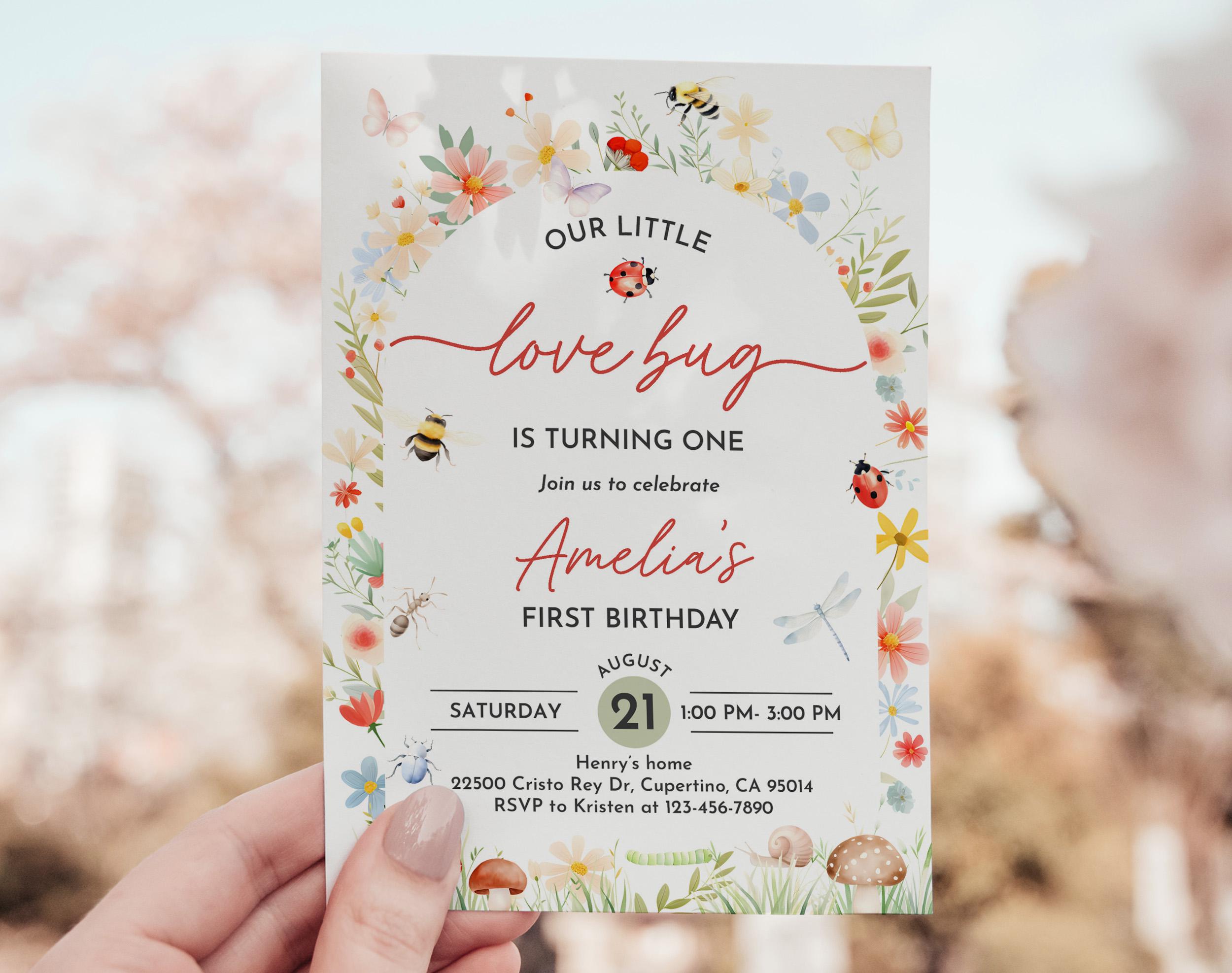 Love Bug First Birthday Invitation - Editable Spring Ladybug Design ...