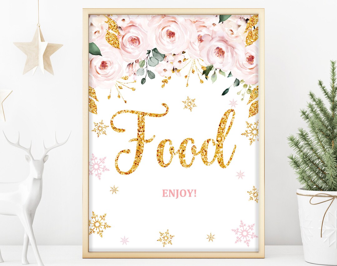 Winter Food Sign Pink Floral Gold Snowflake Sign 5x7in, 8x10in Included ...