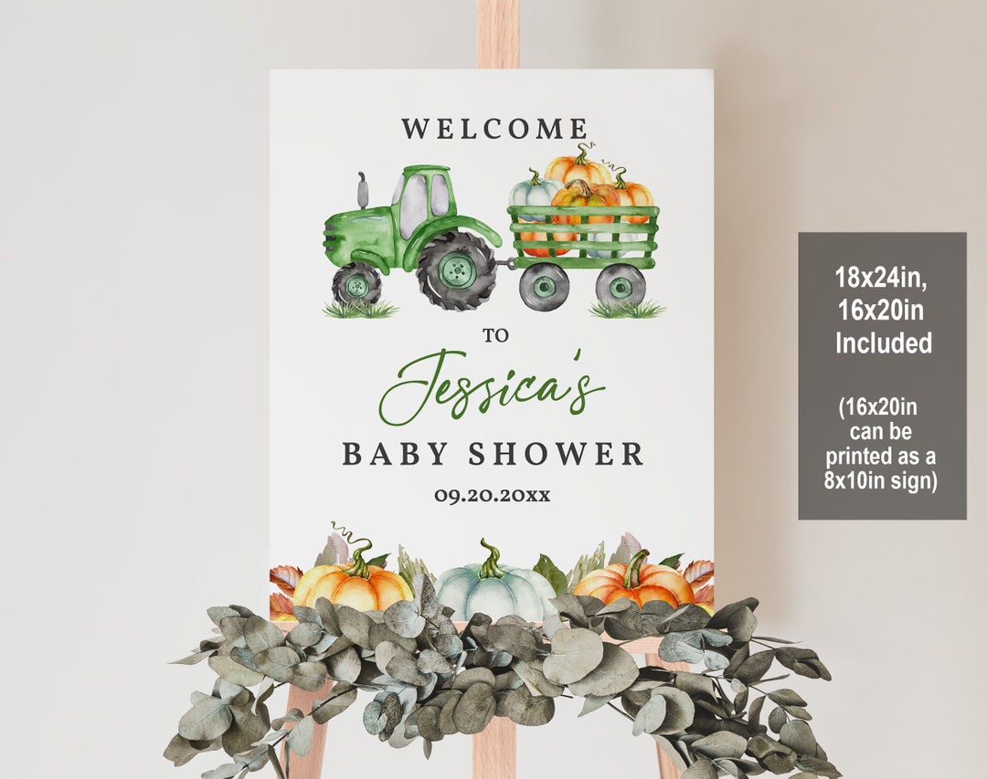 Editable Tractor Baby Shower Welcome Sign Green Tractor Pumpkin Fall ...