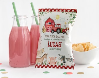 Editable Farm Birthday Chip Bag Barnyard Party Chip Bag Farm Animals ...