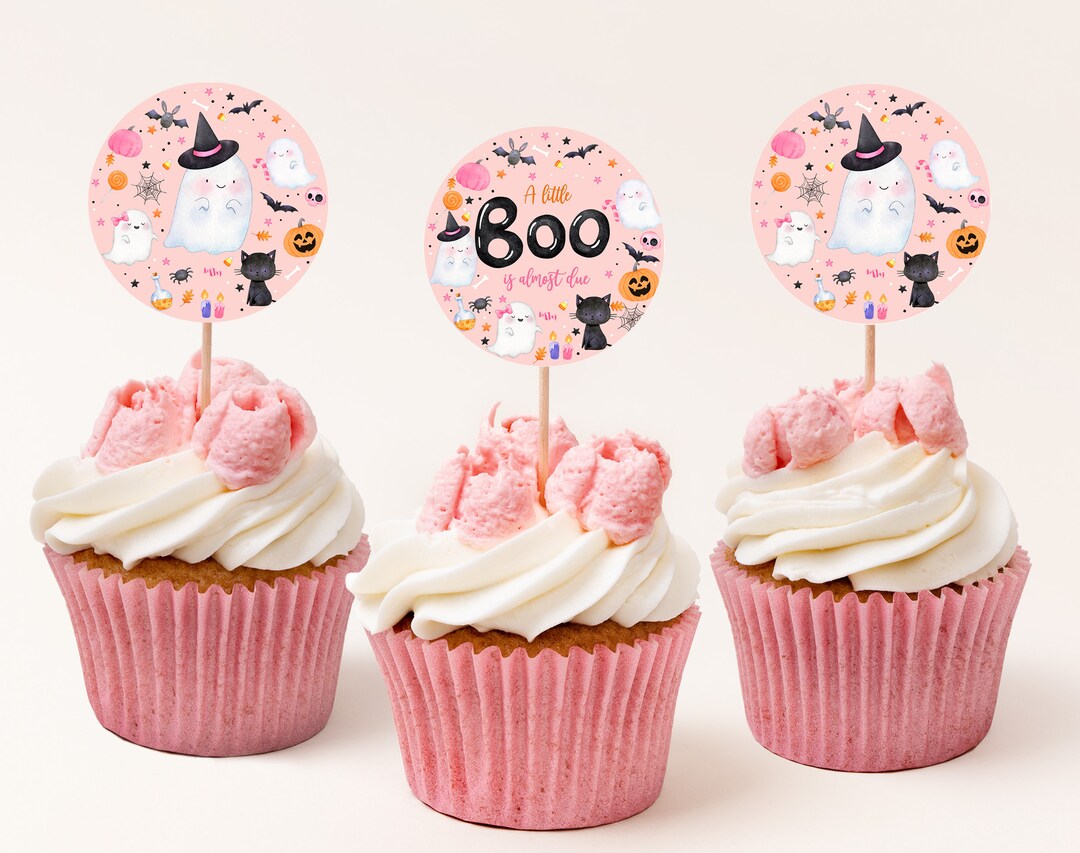 Halloween Baby Shower Cupcake Toppers Pink Ghost Favor Tags Label Ghost ...