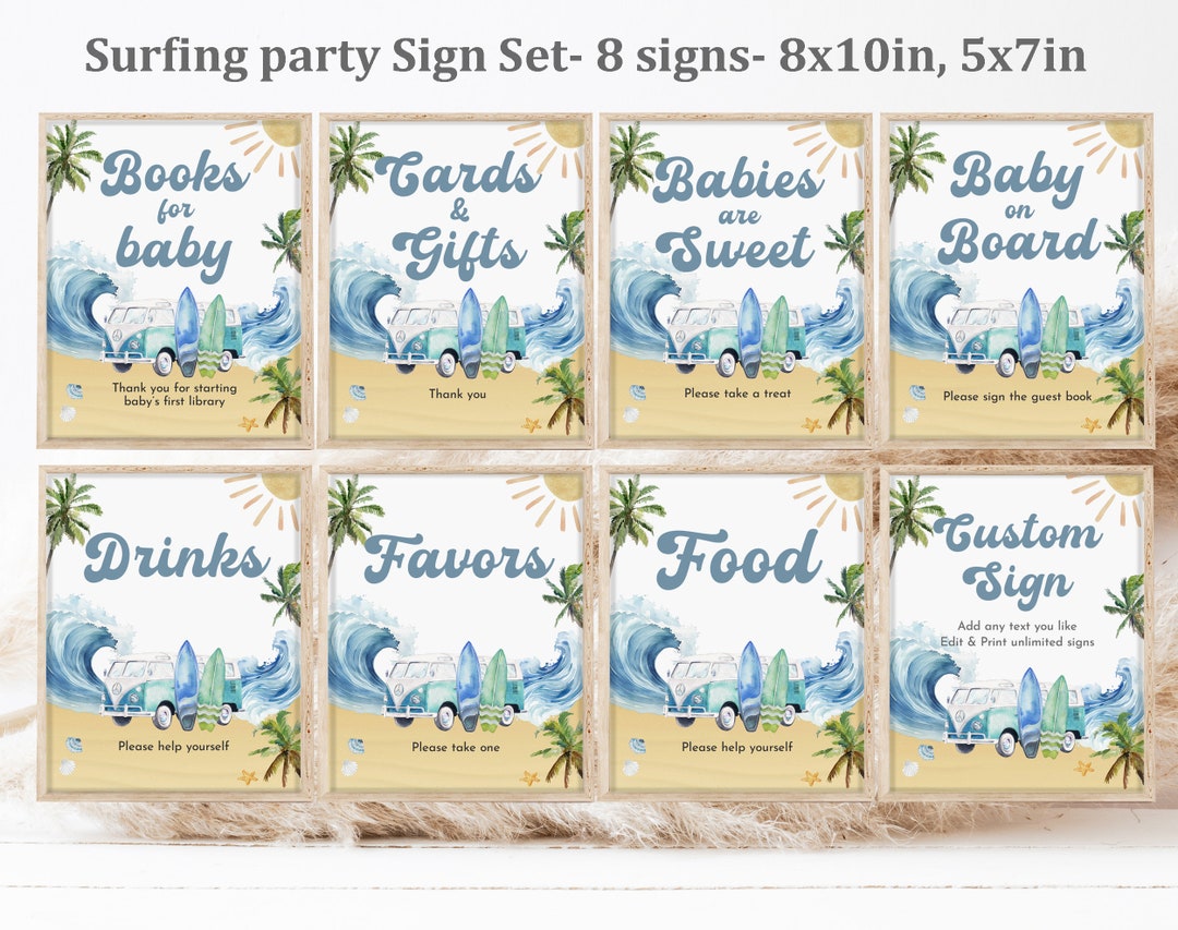 Editable Baby on Board Baby Shower Sign Set Retro Surf Beach Table ...