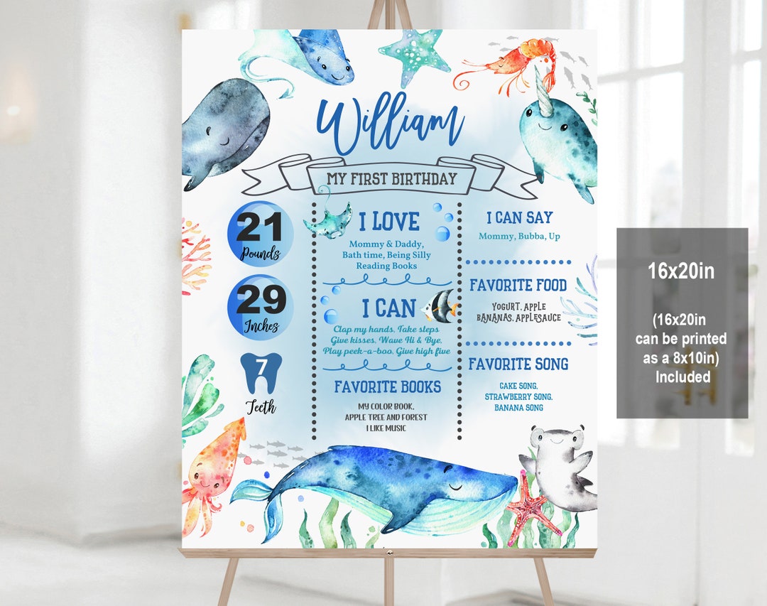 Sea Milestone Sign Ocean 1st Birthday Stats Poster Editable Ocean ...