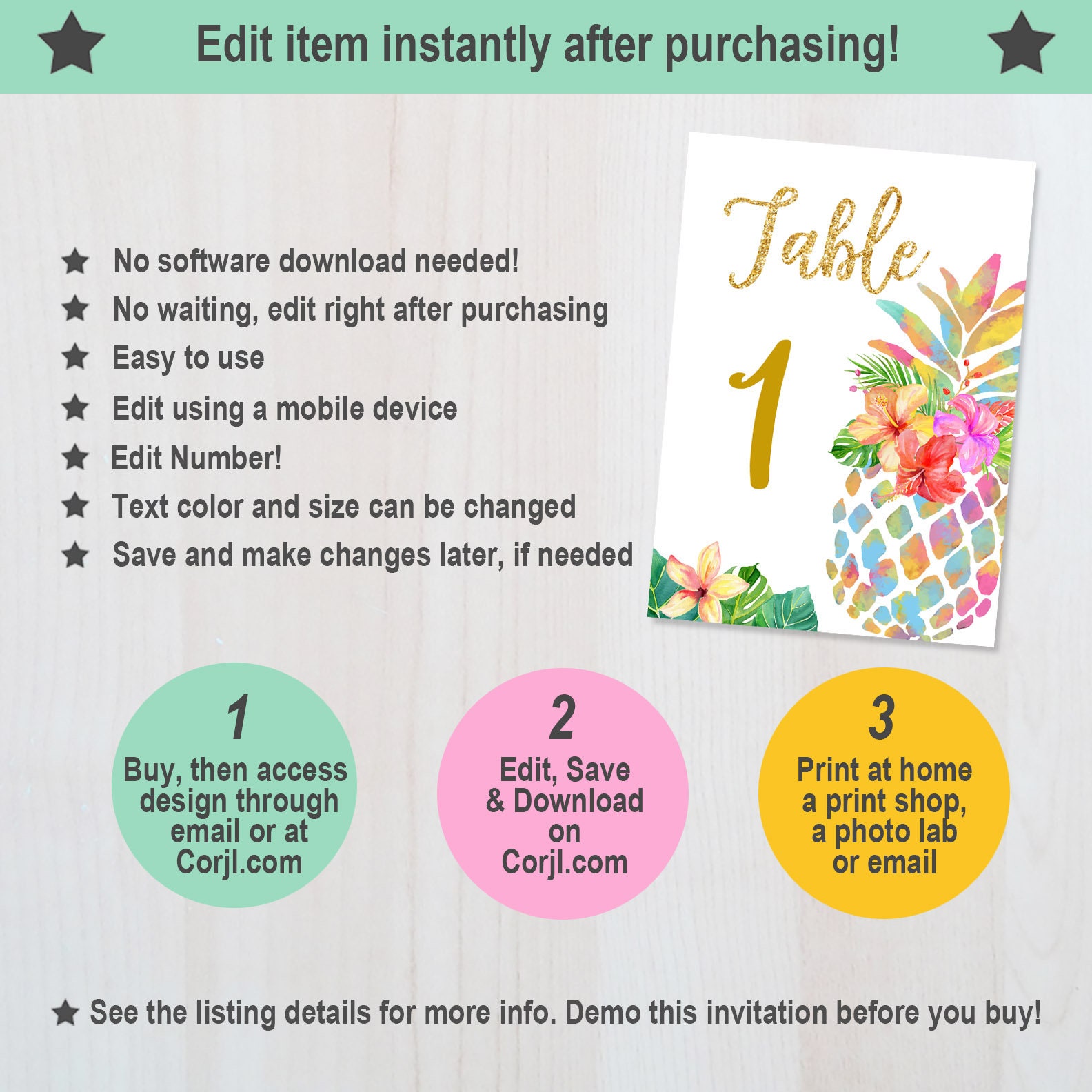 Pineapple Table Number 5x7in 4x6in/ INSTANT DOWNLOAD/ | Etsy