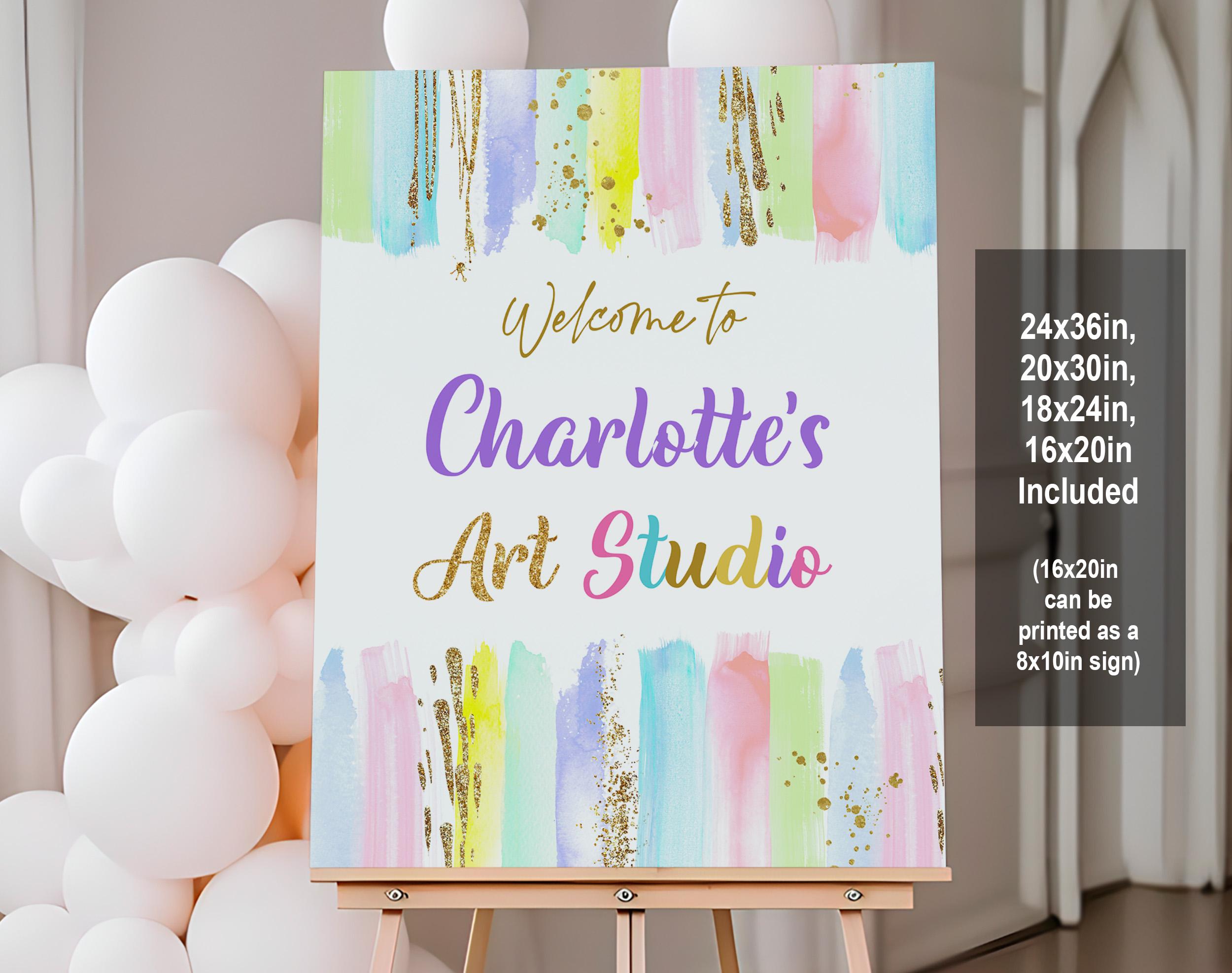 Art Birthday Party Welcome Sign: Editable Rainbow Pastel Brush Bir254 ...
