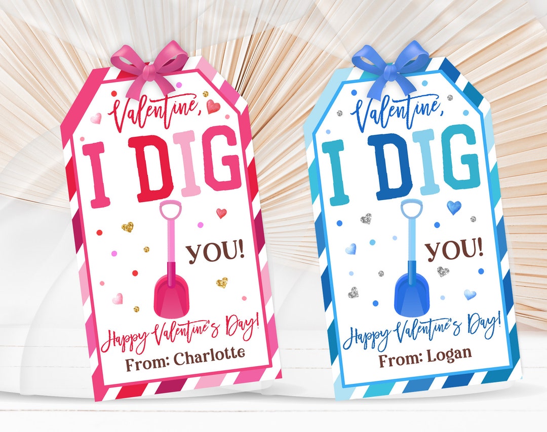 I Dig You Valentine's Day Tag Pink Blue Shovel Tag Kids Valentines Gift ...