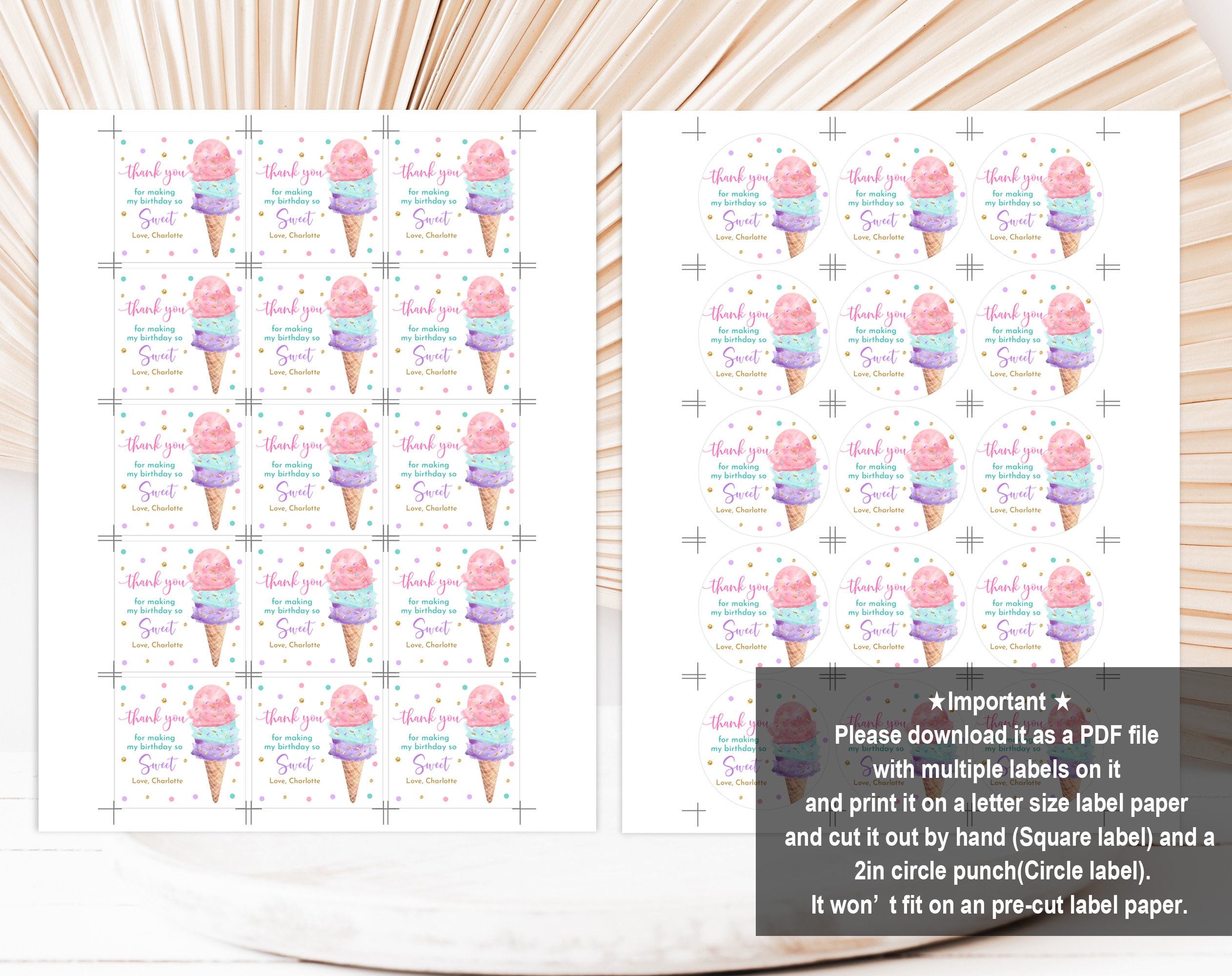 Editable Ice Cream Birthday Thank You Stickers - Pink Purple Printable ...