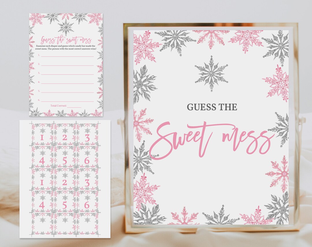 Snowflake Guess the Sweet Mess Game Sign Card Winter Baby Shower Pink ...