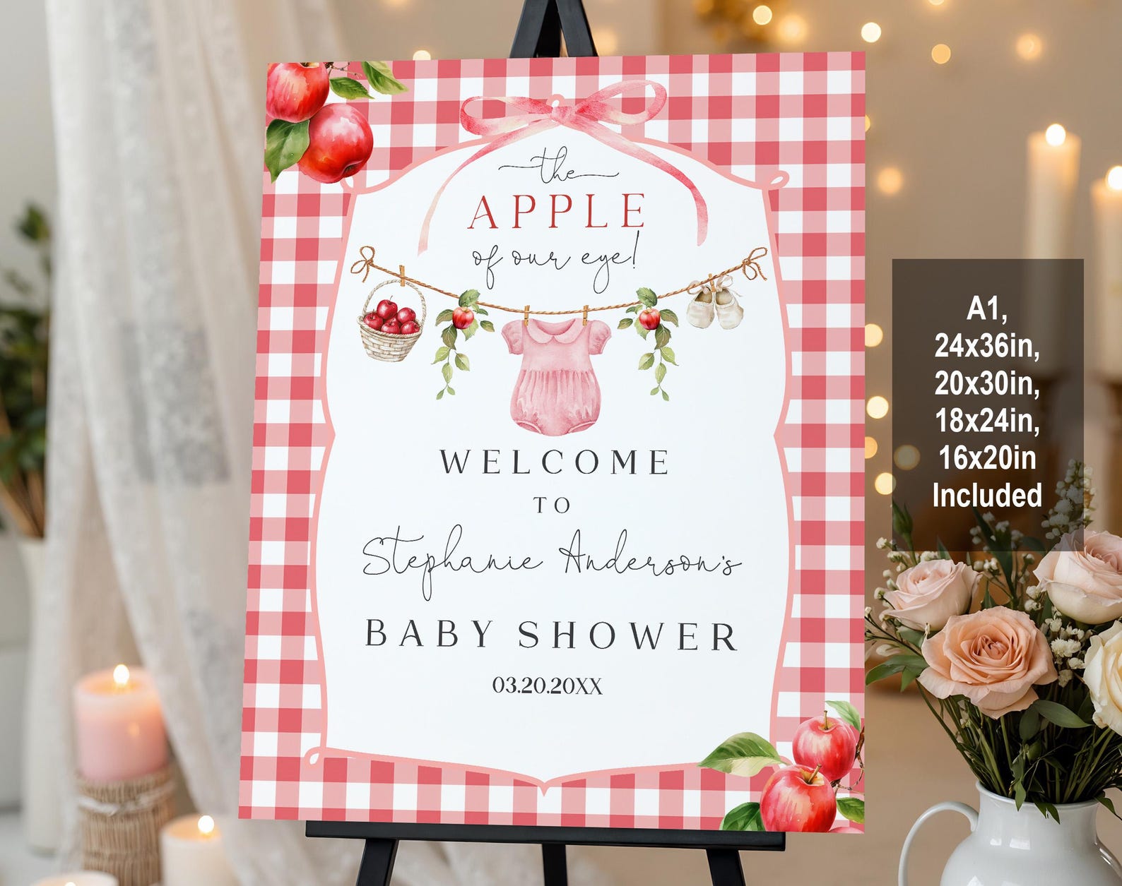 Apple Baby Shower Welcome Sign - Editable Pink Bow, Red Gingham Bab383 ...