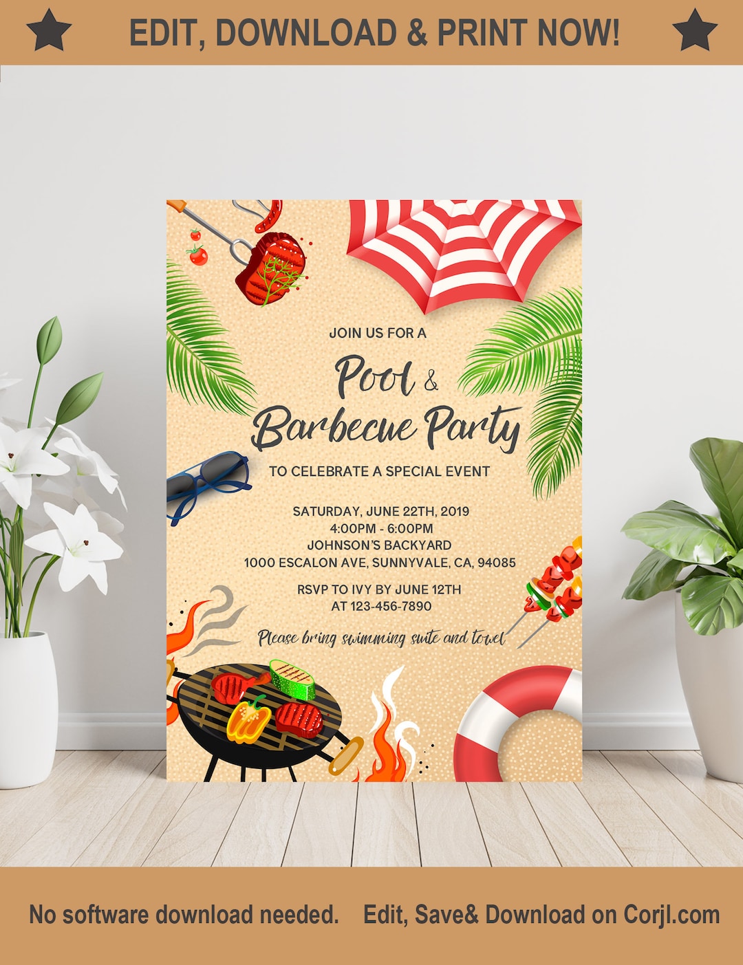 BBQ and Pool Party Invitation Grill Chill Invite Backyard Bbq Pool ...