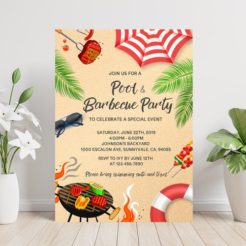 BBQ and Pool Party Invitation Grill Chill Invite Backyard Bbq - Etsy