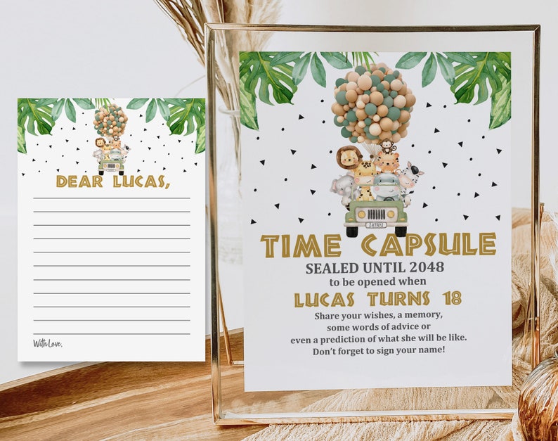 Time Capsule Sign: Safari Animals Wild One - Editable Green Gold Bir297 ...