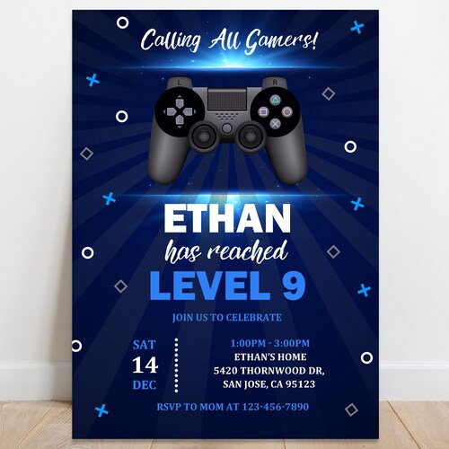 Game Invitation Blue Video Game Birthday Party Editable - Etsy