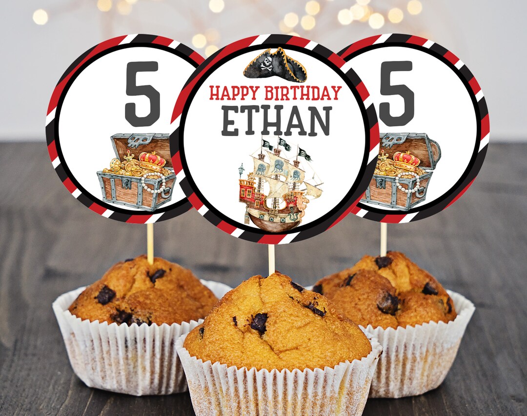 Pirate Birthday Cupcake Topper Party Decor Favor Tag Label Ahoy Matey ...