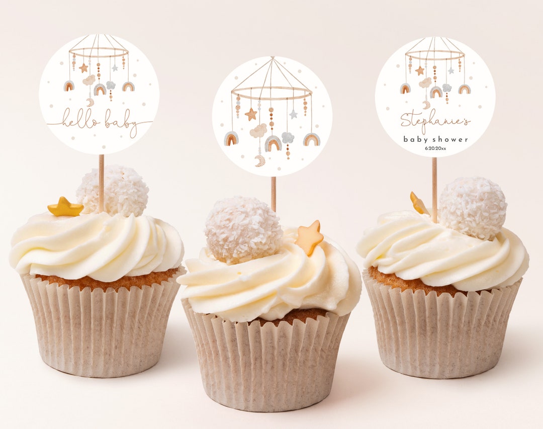 Editable Boho Baby Shower Cupcake Topper Boho Rainbow Star Moon ...