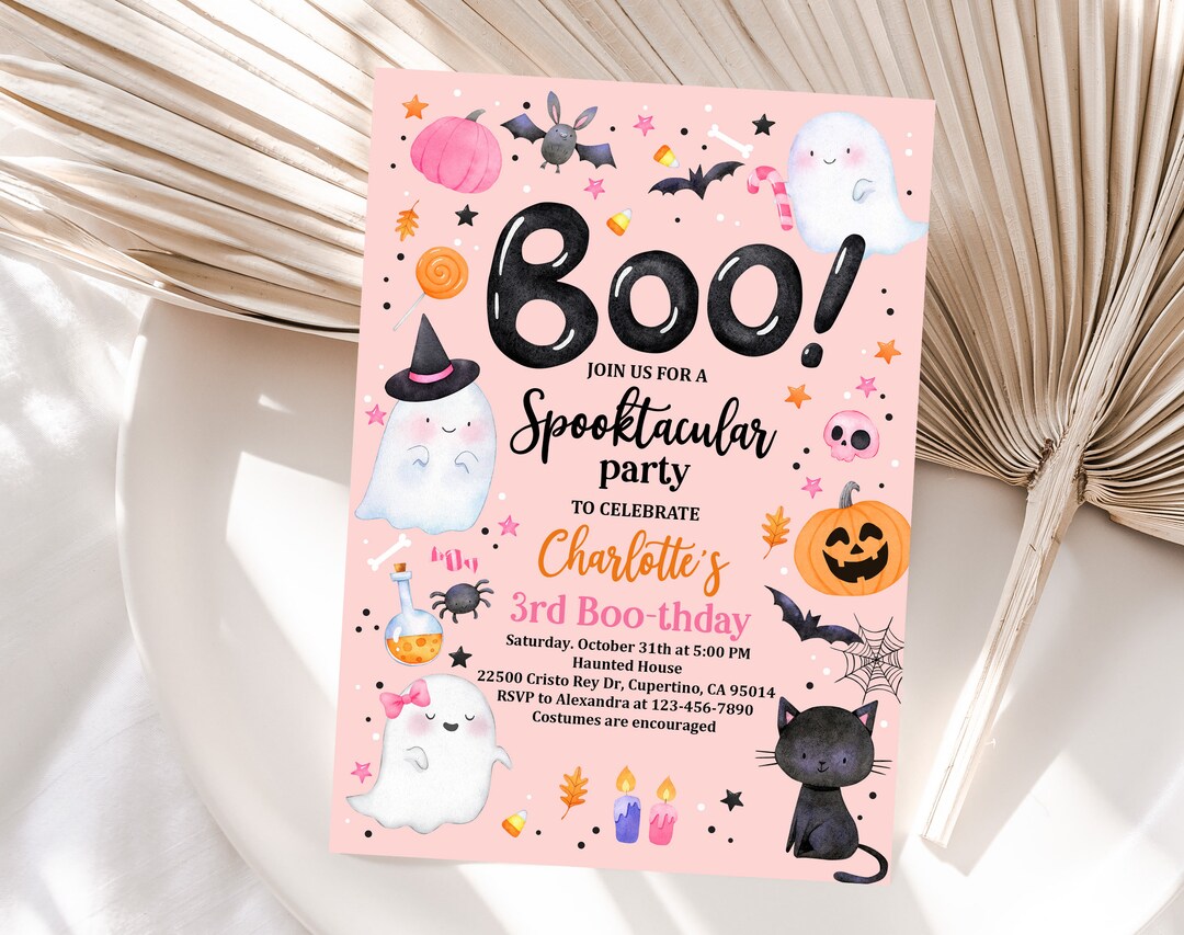 Halloween Pink Ghost Birthday Invitation Hey Boo Ghost Party ...