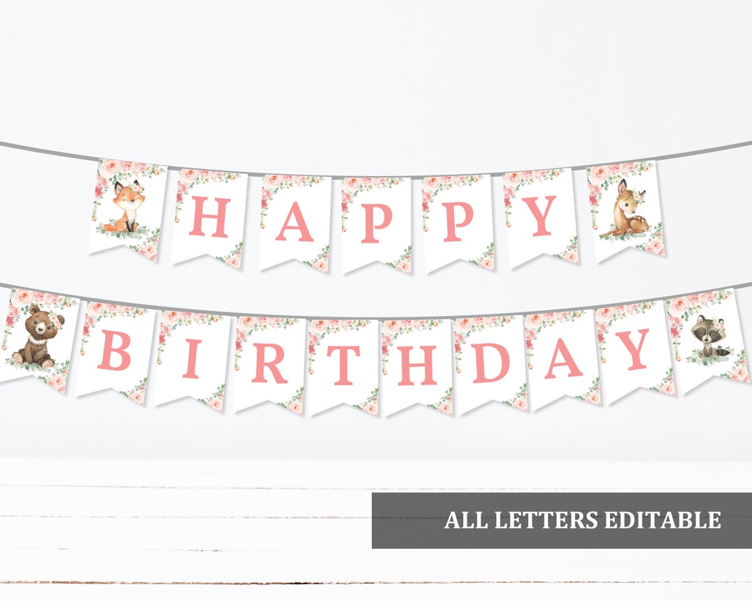 Editable Girl Woodland Birthday Banner Printable Woodland Animals Blush ...