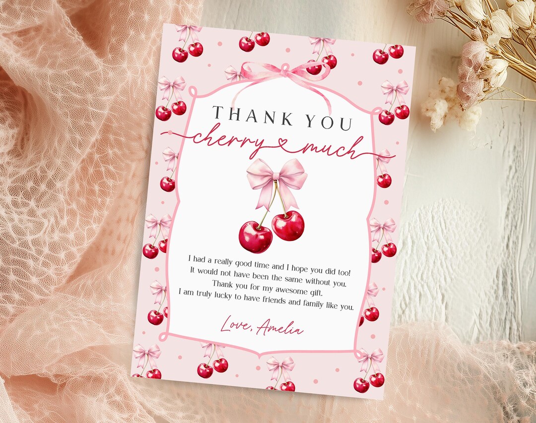Thank You Card: Cherry Birthday Design - Editable, Printable Bir488 - Etsy