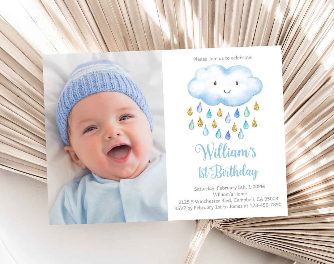 Cloud Birthday Invitation Cloud Party Invite Rain Blue Boy 1st First ...