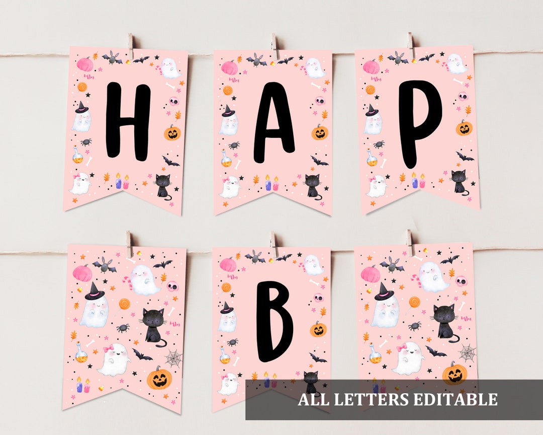 Happy Birthday Banner Halloween Birthday Banner Pink Ghost Birthday ...