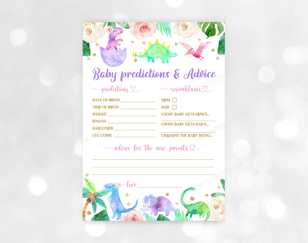 Baby Shower Prediction Cards: Dinosaur Theme, Pink & Gold (printable ...