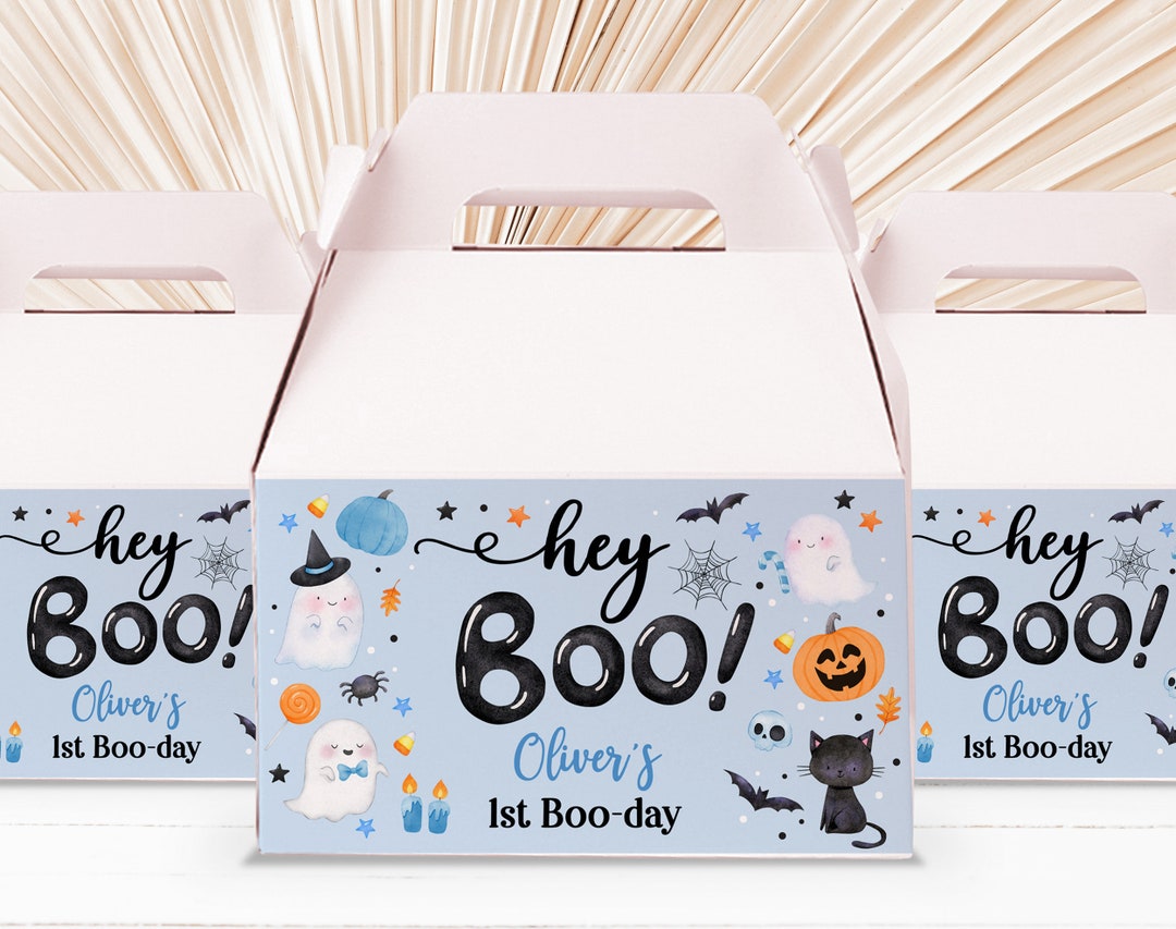 Editable Blue Halloween Gable Box Favor Label Halloween Ghost Gift Box ...