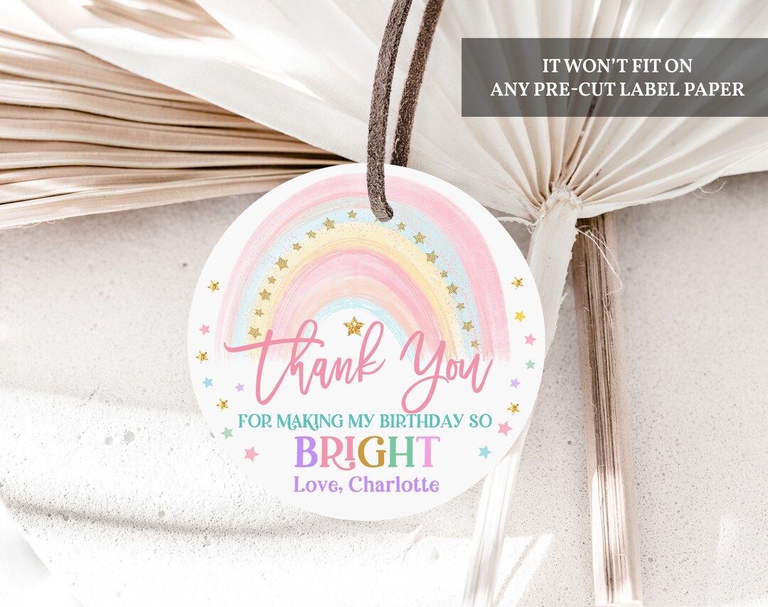 Rainbow Birthday Label Pastel Rainbow Favor Round Sticker Label Girl ...